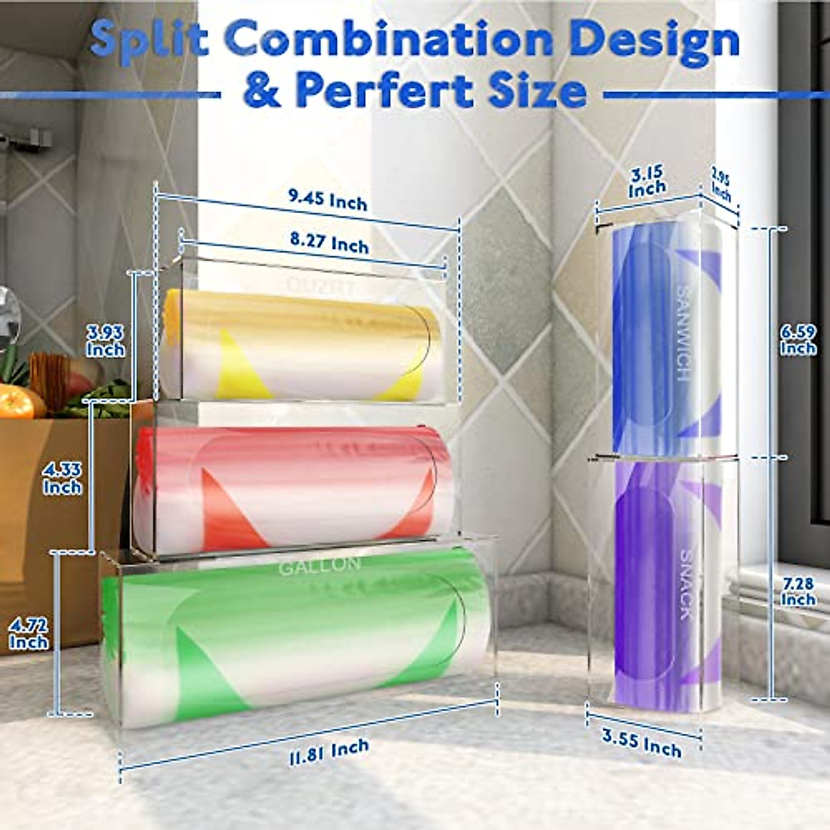 Ziplock Food Bag Storage Organizer, Acrylic Drawer Baggie Organizer Plastic Bag Dispenser Holder for Gallon Slider Quart Freezer Sandwich Snack, for Ziploc Solimo Glad Bags - 5 Pack, Clear