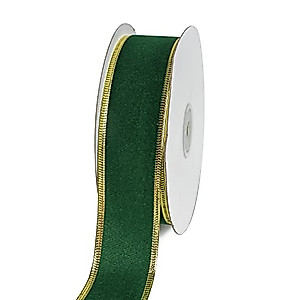 LaRibbons Wired Christmas Holiday Ribbon - Green with Gold Edges Velvet Ribbon - 1.5 inch x 25 Yard Each Roll