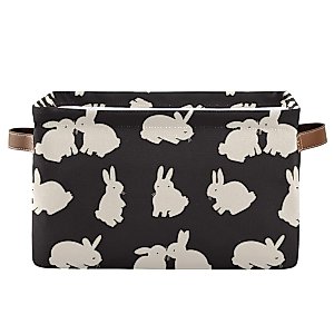 HMZXZ Cute Rabbit Bunny Canvas Fabric Storage Basket Collapsible Toys Storage Bin with PU Leather Handles Basket Box Organizer for Wardrobe Closet Shelves Organiser