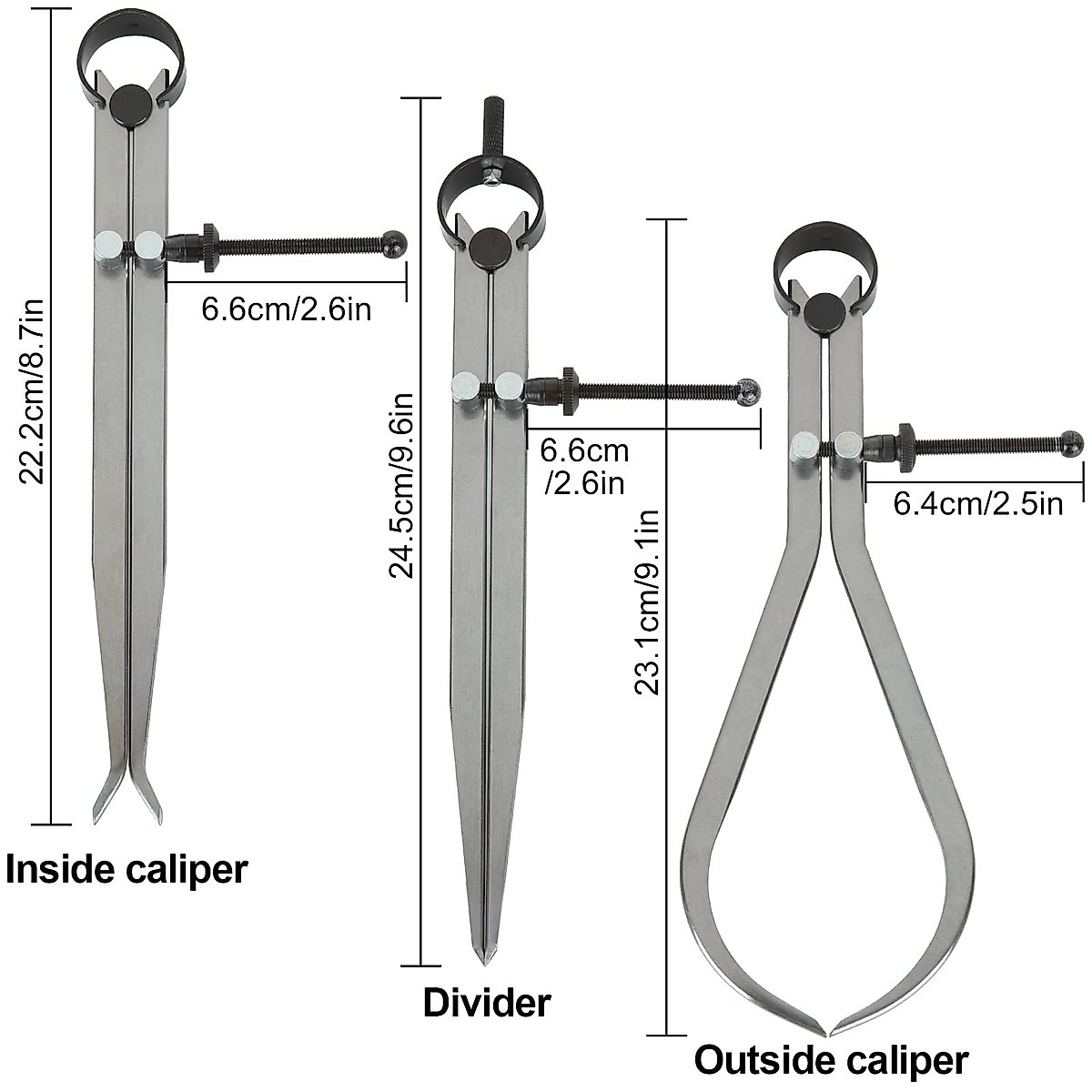 3 Piece Spring Caliper / Divider Set, 8 inches Inside Spring Outside Divider Caliper Set, Calipers Measuring Tool for Wood Turning Lathe Projects