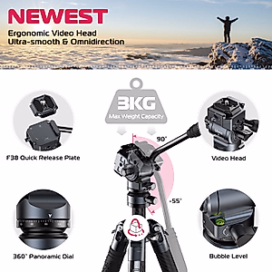 ULANZI F38 Video Travel Tripod, 61.4" Lightweight Carbon Fiber Camera Tripod with Quick Release 1/4" Screw & Video Head, for Most Cameras/DSLR/Projector, Weight 2.38lbs, Maxload 22lbs