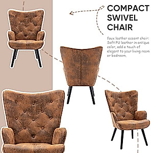 Brown Leather Accent Chairs Set of 2 for Living Room- Mid-Century Modern Comfy Reading Chair for Bedroom Adults Armchairs Sillones para Sala Sofa Tall Wingback Arm Chairs Microfiber Cushioned