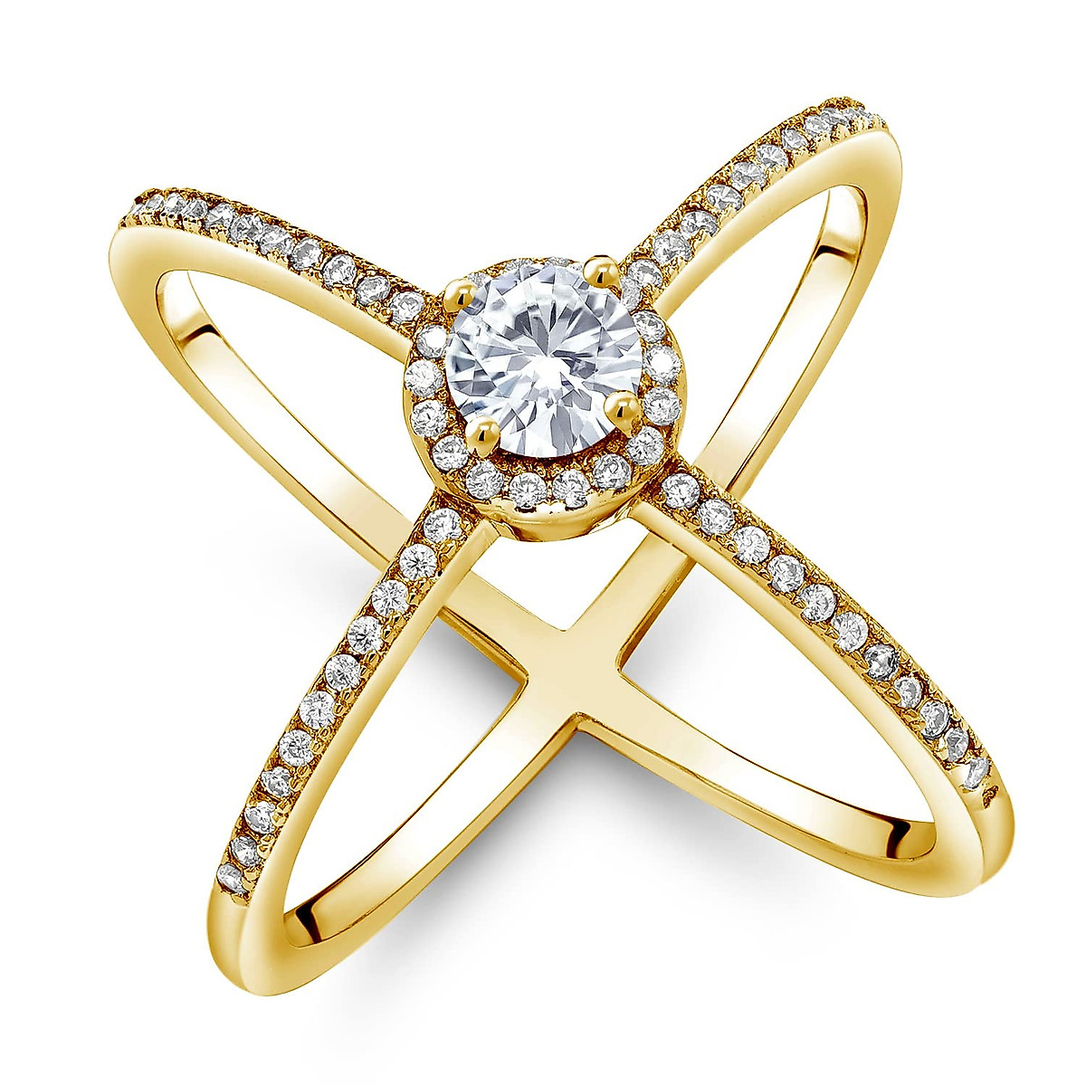 Gem Stone King 18K Yellow Gold Plated Silver Criss Cross X Ring Set with Moissanite (1.32 Cttw) (Size 7)