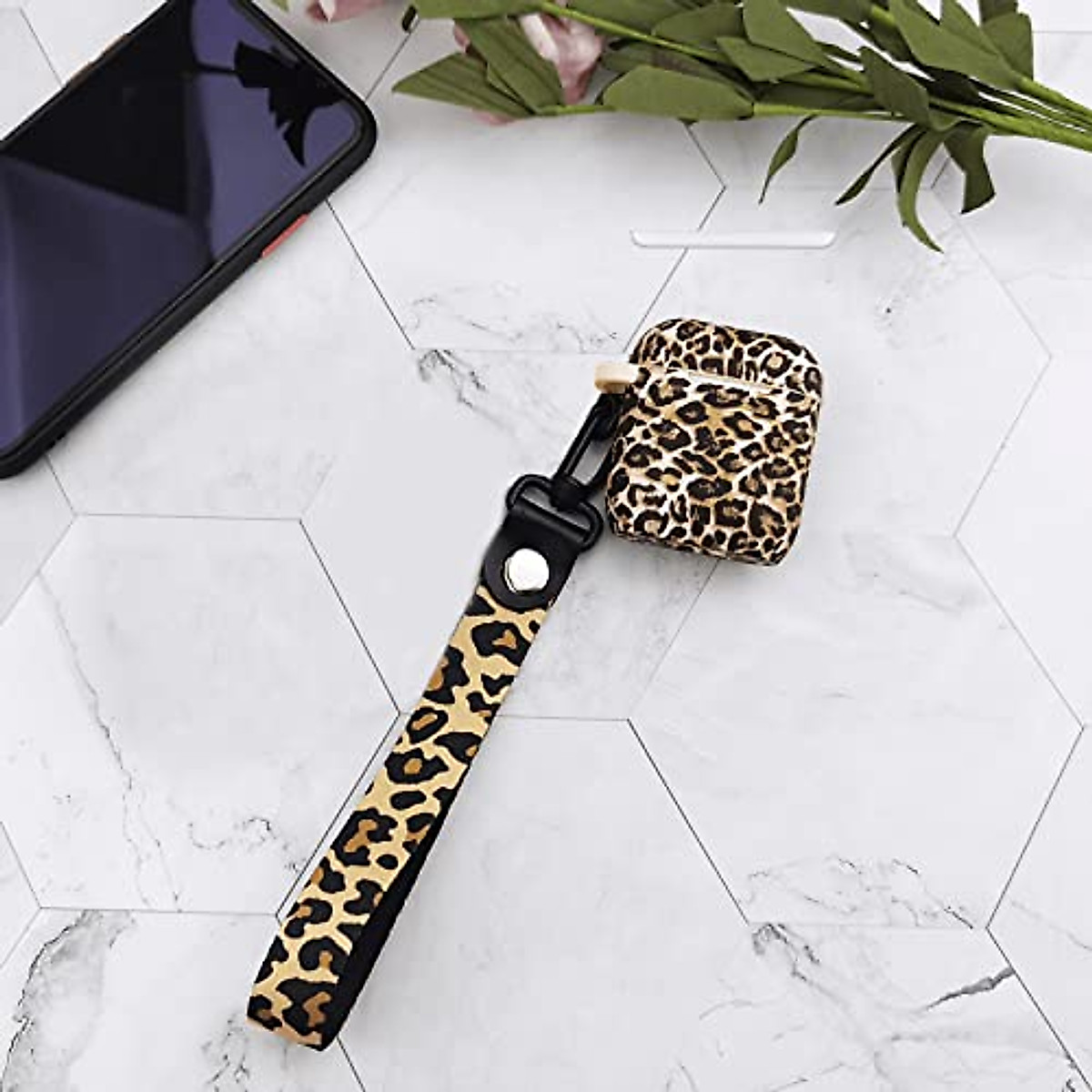 MOLOVA Case for Airpods 1&2 Case,Leopard Airpod Case with Strap Compatible with AirPods 2/1,Full Protect Silicone Skin Cover with Fur Ball Keychain for Women Girls Teen