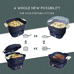 GREECHO 1.5L Electric Hot Pot with Grill, Non-Stick MIni Pot with 4 Mode Multifunction, Frying Pan, Steamer and Noddle Cooker, 4 Temperature Control Electric Pot with 2 Voltage Conversion