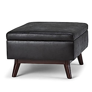 SIMPLIHOME Owen 34 Inch Wide Mid Century Modern Rectangle Coffee Table Lift Top Storage Ottoman in Upholstered Distressed Black Faux Leather, For the Living Room
