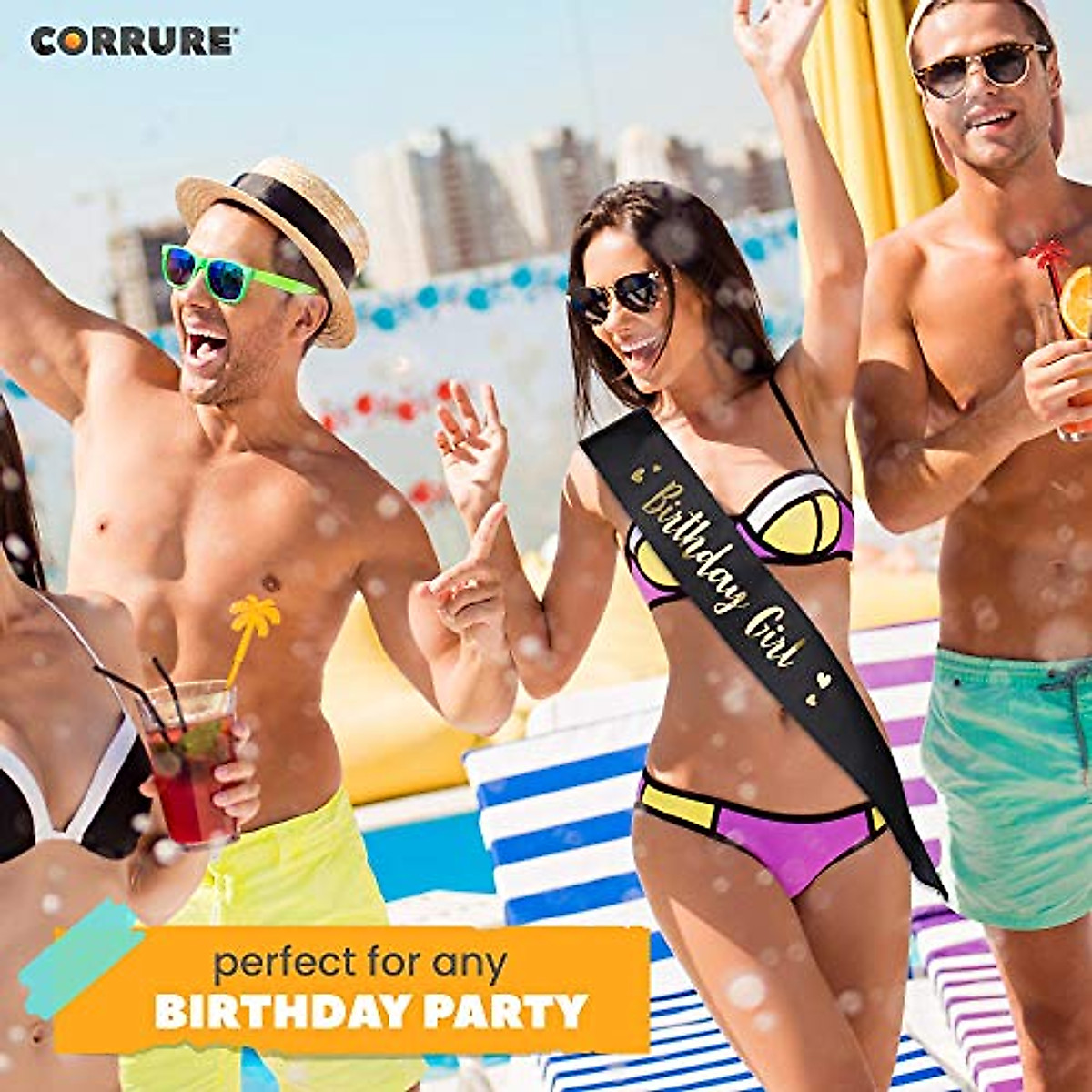 CORRURE 'Birthday Girl' Sash with Gold Foil - Soft Satin Black Sash for Women - Happy Birthday Sash for Queen, Sweet 16, 18th 21st 25th 30th 40th 50th or Any Other Bday Party