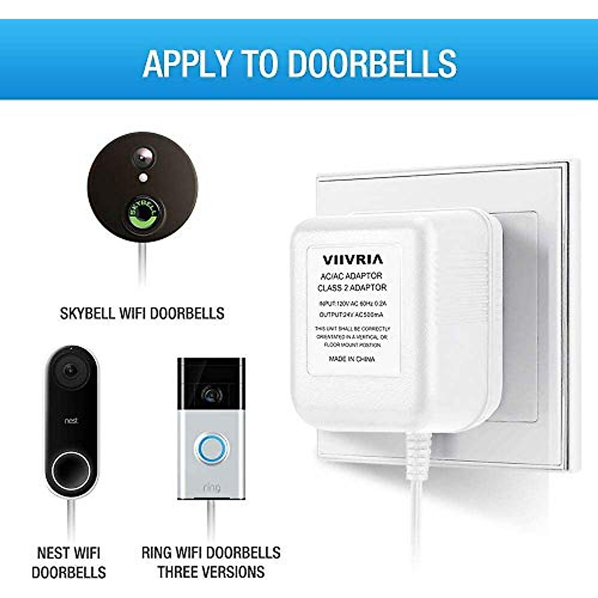 24 Volt Transformer, C Wire Adapter Thermostat, Competible with All Versions of Ring Doorbell and Thermostat for Nest Ecobee, Sensi and Honeywell, 315" Long Cable 24V Transformer