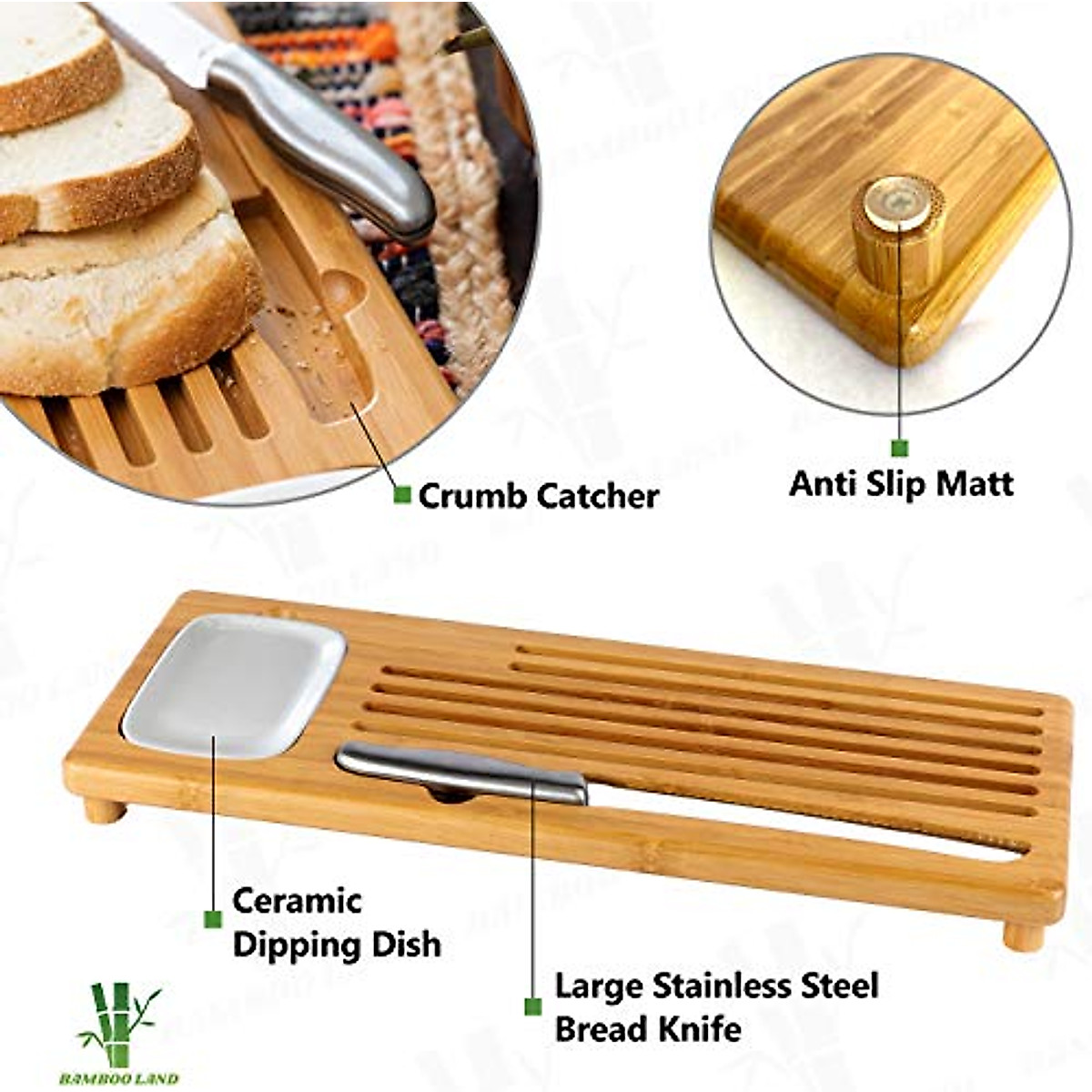Bamboo Land- Bamboo Sweep Off Baguette Board with Bread Crumb Catcher and Ceramic Dipping Dish, 18” x 7”, Bread Cutting Board with Crumb Catcher, Board for Cutting Bread, Bread Cutter Knife