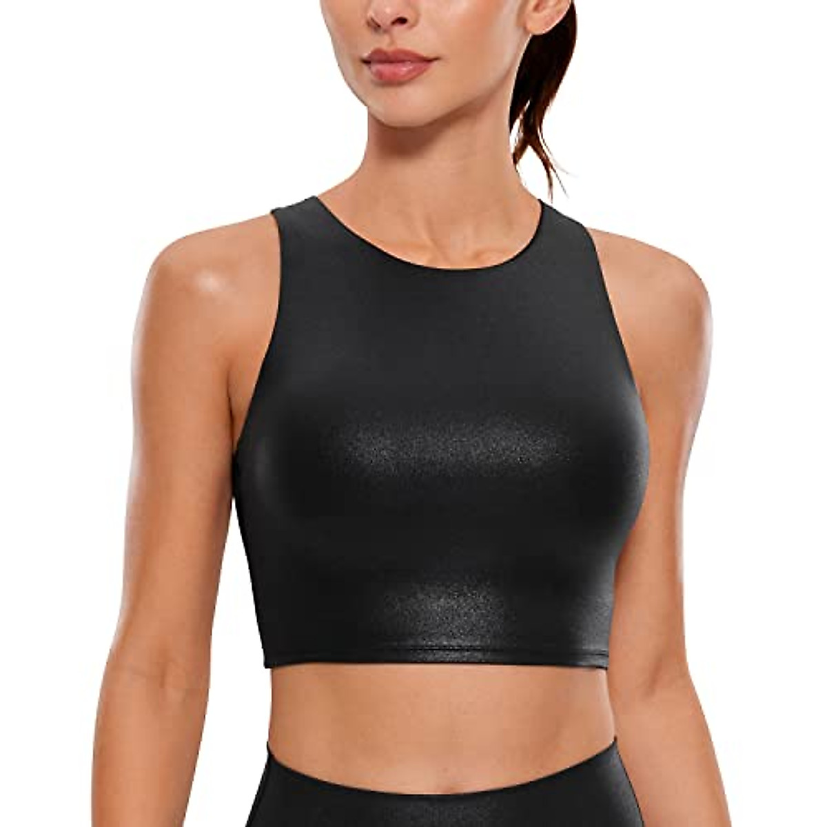 CRZ YOGA Butterluxe Racerback High Neck Longline Sports Bras for Women - Padded Workout Crop Tank Tops with Built in Pads Faux Leather Black Large