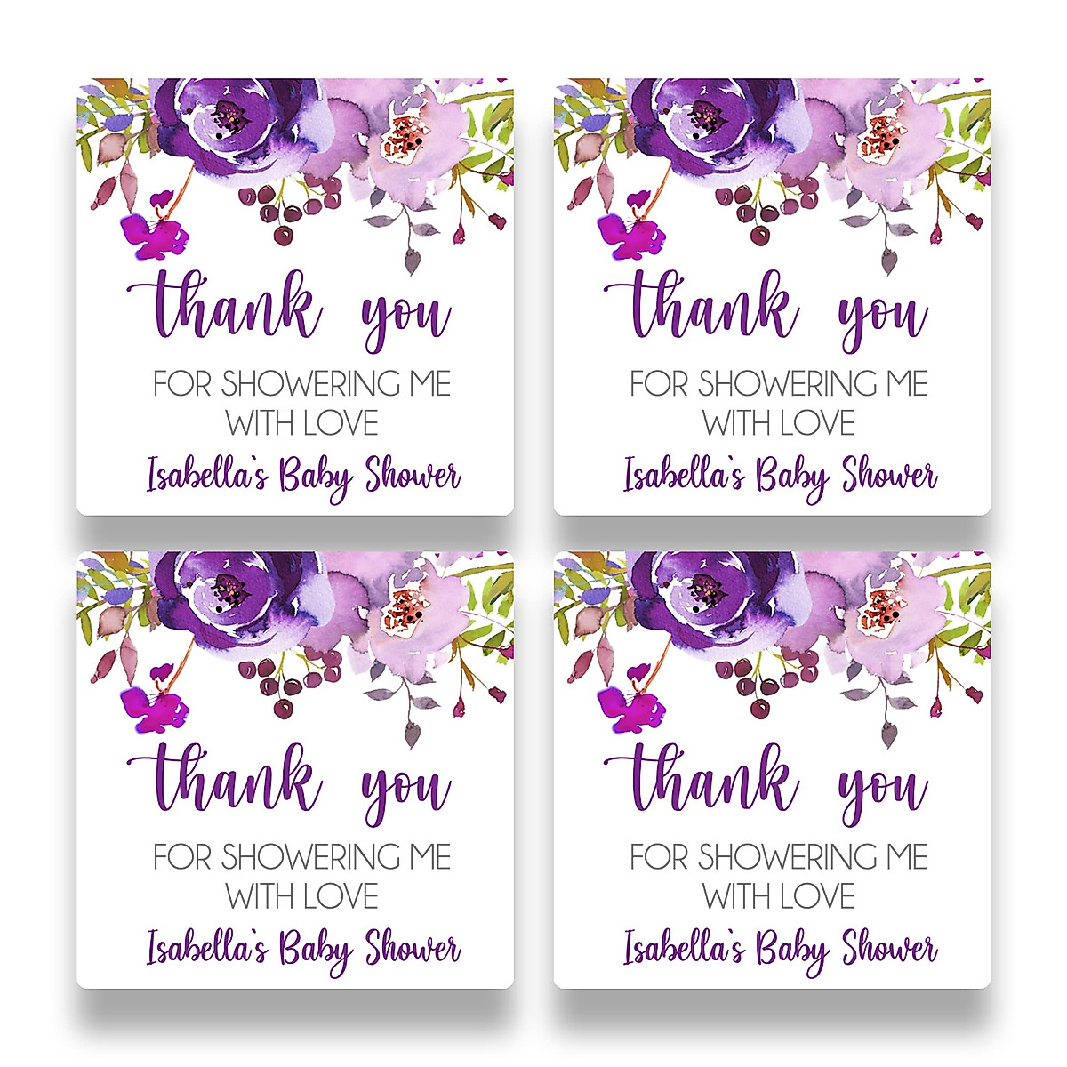 Personalized Purple & Lavender Floral Baby Shower Favor Stickers | Set of 20 Square Baby Shower Thank You Labels (FL138)