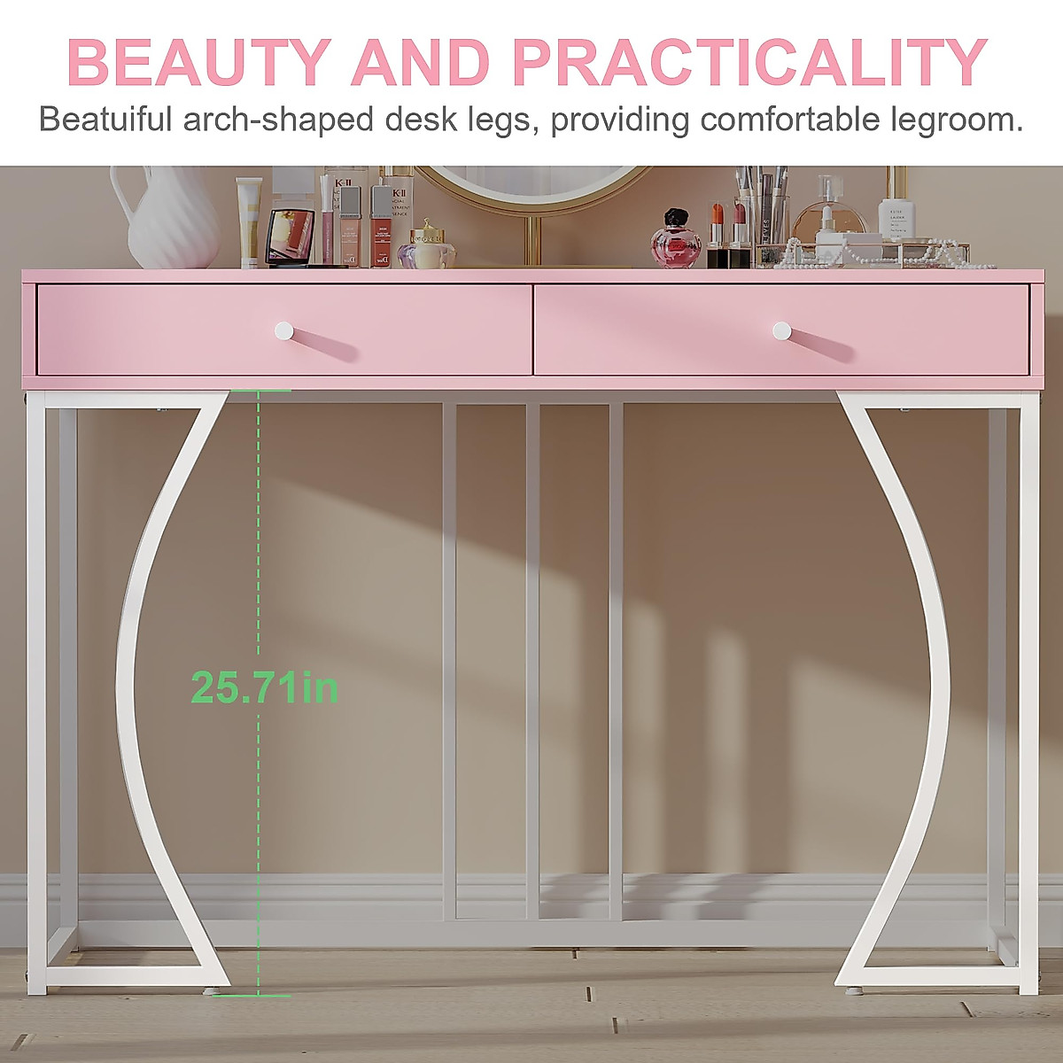 Weehom Vanity Desk with Drawers - Modern Makeup Desk for Bedroom, Dressing Table with Storage, or Small Home Office Computer Desk, Pink and White