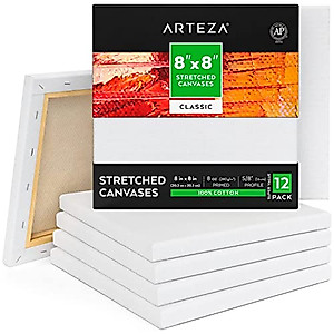 ARTEZA Stretched Canvas, 8 x 8 Inches, Pack of 12, Blank White Square Canvas for Painting for Acrylic, Oil and Gouache Paints