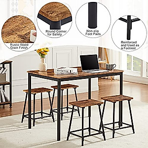 VECELO 5 Piece Dining Table Set for 4-6 Persons Rectangular Bar Dinette Metal and Wood Kitchen Furniture with 4 Stools for Breakfast Nook, Restaurant, Living Room, Space Saving, Industrial Brown