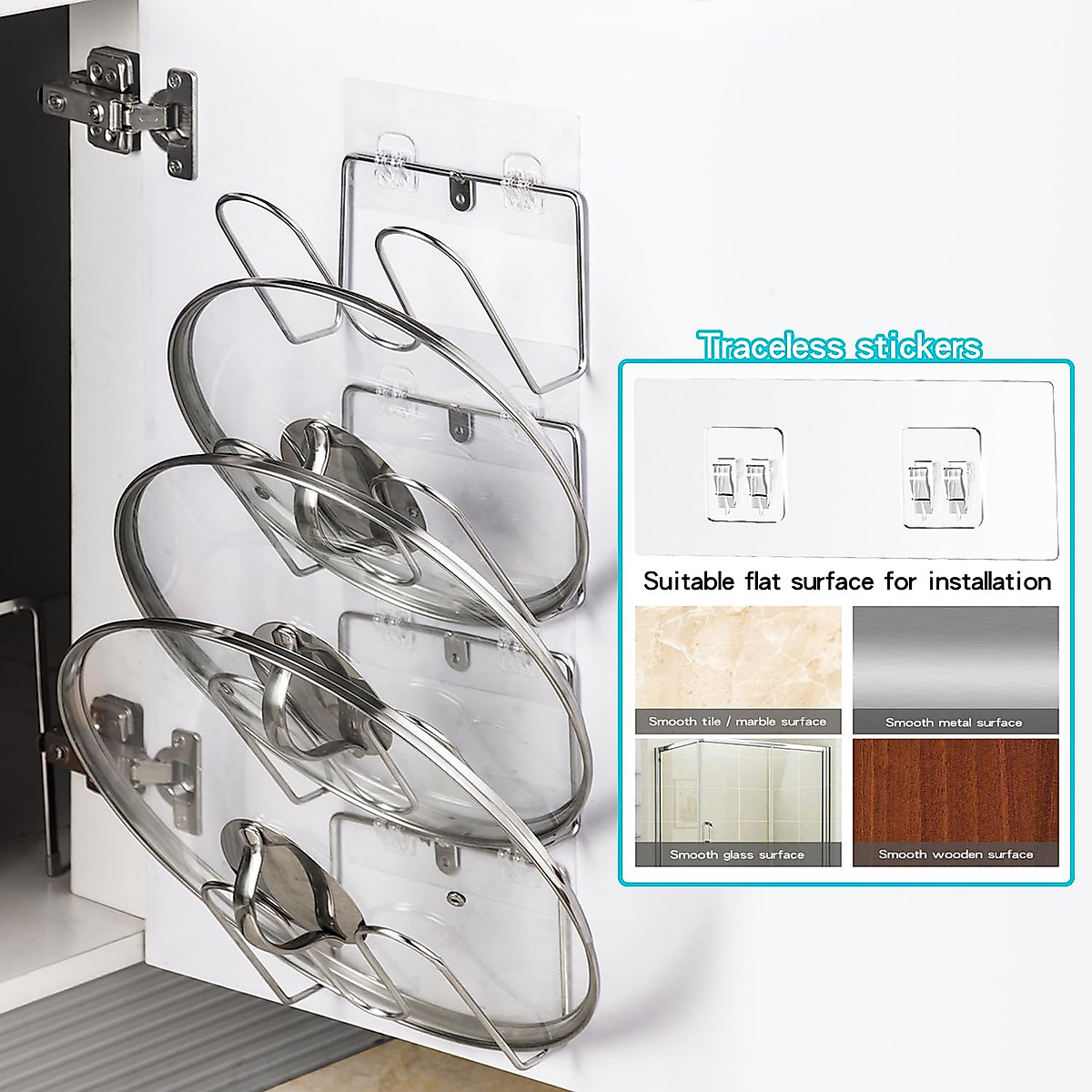 YQh Cabinet Door Pot Lid Rack, Kitchen Wall Pot Lid Organizer Set of 4, Lid Holder, 304 Stainless Steel Storage Rack for Pot Lids, Chopping Boards