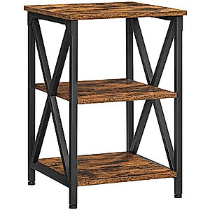 VASAGLE End Table, Side Table with Storage, 15.7 x 15.7 x 23.6 Inch, Nightstand with X-Shaped Steel Frame, Rustic Table for Living Room, Bedroom, Farmhouse 3-Tier, Rustic Brown and Black ULET278B01V1