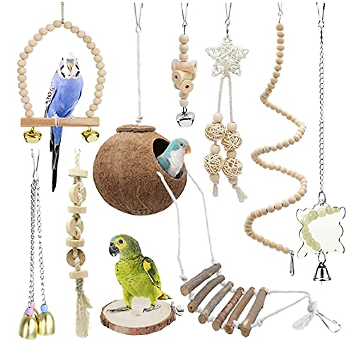 TOLMIOW 9 Pieces Parrots Chewing Natural Wood and Rope Bungee Bird Toy for Anchovies, Coconut Hideaway with Ladder ,Bird Perch Stand, Bird Cage Accessories, Parakeets, Cockatiel, Conure, Mynah, Macow