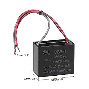 uxcell Ceiling Fan Capacitor CBB61 1.5/3uF 250V AC 3 Wires Metallized Polypropylene Film Capacitor 38x31x22mm for Electric Fan Pump Motor Generator 2Pcs