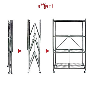 Origami 4-Shelf Foldable Storage Shelves | for Garage Kitchen Bakers Closet, Metal Wire, Collapsible Organizer Rack, Holds up to 1000 pounds, Powder-Coated Steel, Heavy Duty | Pewter