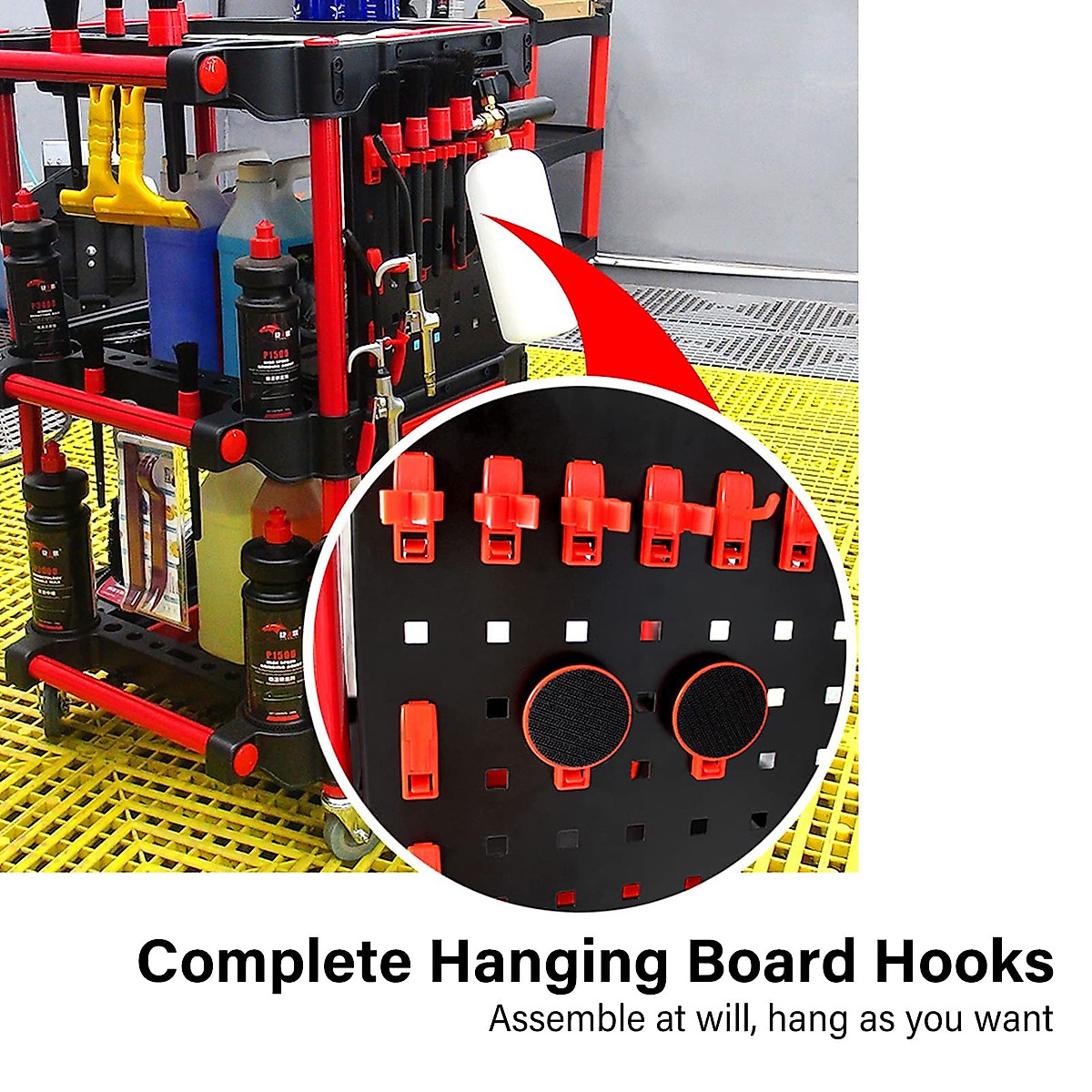 Ulable Auto Detailing Tool Cart, 3-Tier Utility Rolling Shop Cart with Side Hanging Plate and Hooks, Car Washing Cleaning Cart Organizer for Storing Your Tools, Tool Carts for Beauty Shop and Workshop