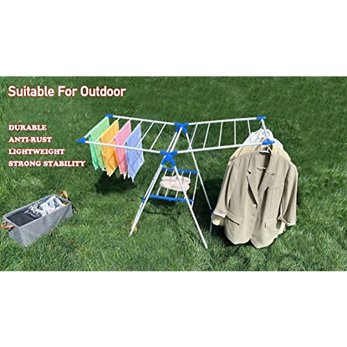 ichofun Clothes Drying Rack, Foldable 2-Tier Drying Racks for Laundry, Large Foldable Laundry Stand with Height-Adjustable Gullwings, for Clothes, Towels, Linens, Indoor/Outdoor, BlueWhite 50"