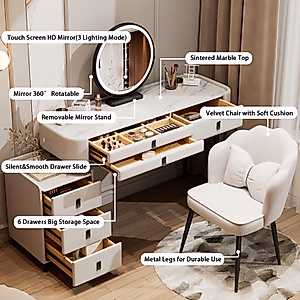 GruiGevi Luxury Vanity Desk, Vanity Table Made of Solid Wood, Features Modern Sintered Marble Top, Touch Screen HD Mirror, Vanity Set 6 Drawers