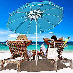 Portable Beach Umbrella for Sand: 7FT Arc Length 6.5FT Diameter Outdoor Umbrella with Anchor Heavy Duty and Adjustable Tilt Pole - UV 50+ Windproof Beach Umbrella with Carry Bag for Beach, Patio, Garden