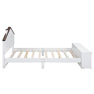 HoRunzelin Modern Full Size Pine Wood House Shaped Headboard Platform Bed with Storage Cabinet and LED Lights for Kids Boys Girls Teens,White