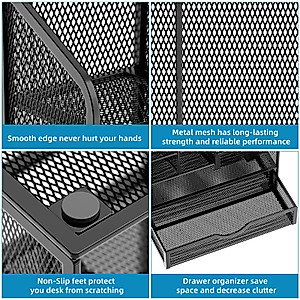 Marbrasse Mesh Pen Holder for Desk, Multi-Functional Pencil Organizer with Drawer, Desk Organizers and Accessories for Office Art Supplies (Black)