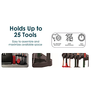 Keter Compact Corner Tool Rack for Maximum Storage and Organization - Easy to Assemble and Organize 25 Long-Handled Garden Tools, Rakes, Brooms, Shovels and Accessories