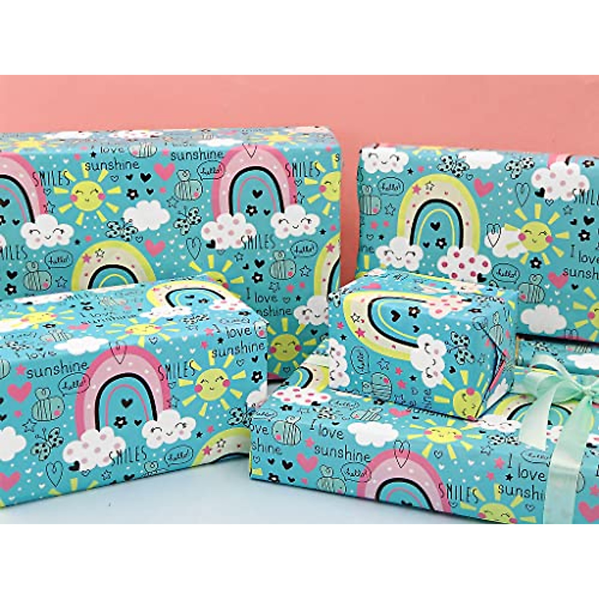 Birthday Wrapping Paper For Kids Girls Boys, I Love Sunshine Rainbow Design Gift Wrap Paper for Birthday Baby Shower Children's Day, 4 Sheets Folded Flat 20x28 Inches Per Sheet