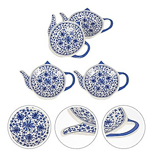 Soy Sauce Dish 4 Pcs Teapot Shaped Tea Bag Holder Ceramic Tea Bag Saucer Teabag Coaster Snack Dish Seasoning Dish for Home Kitchen Sauce Dessert Rest Spoon Blue Tea Plates