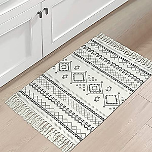 Seavish Cotton Boho Printed Rug Decorative Grey and Cream Bohemia Kilim Rug 2x3 Hand Woven Rag Rug Entryway Thin Throw Rug for Laundry Room Living Room Dorm Bedroom