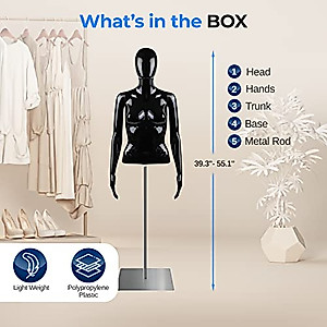 SereneLife Female Mannequin Torso, Adjustable Height and Detachable Arms Dress Form Display with Metal Stand, Glossy Black, for Sweaters, T-Shirts, Jackets, Dresses, Blouses, Tops