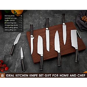 DRAGON ROIT Japanese Knives Set Damascus Pattern Chef Knife Set for Kitchen with Roll Bag, Sharp 14Pcs Stainless Kitchen Knife Set Brown Handle