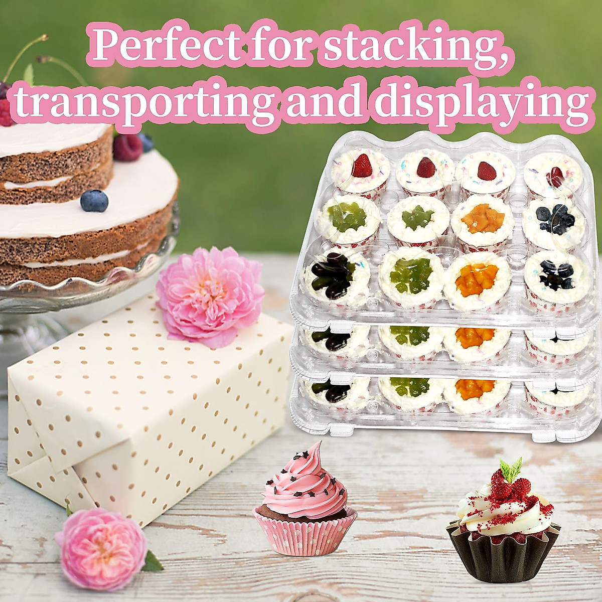 (12 Pack x 8 Sets) Disposable Stackable Plastic Cupcake Containers, Cupcake Holder for 12 Cupcakes,High Tall Dome Lid Cupcake Carriers, Mini Cupcake Container Suitable for cupcakes, desserts, muffins