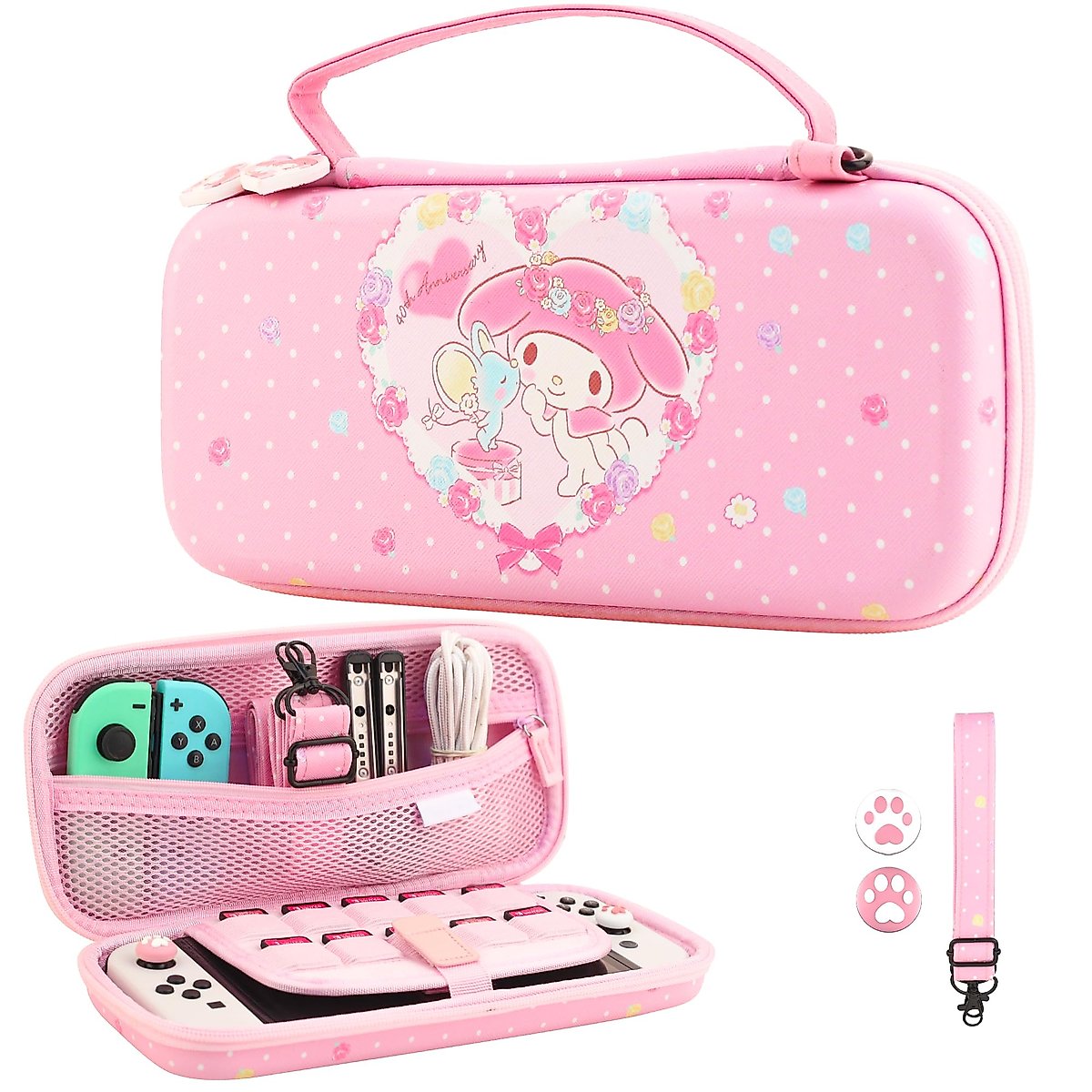 FUNDIARY Cute Bunny Carrying Case for Nintendo Switch and Switch OLED, Pink Portable Travel Case Built-in 10 Game Card Slots for Switch Console Joycon & Accessories with Shoulder Strap and 2 Thumb Cap