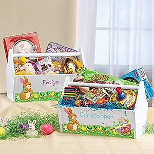 Fox Valley Traders Personalized Kids Easter Toy Caddy, Customized Children’s Wooden Storage Tote with Purple Font, 13” Wide x 9” High