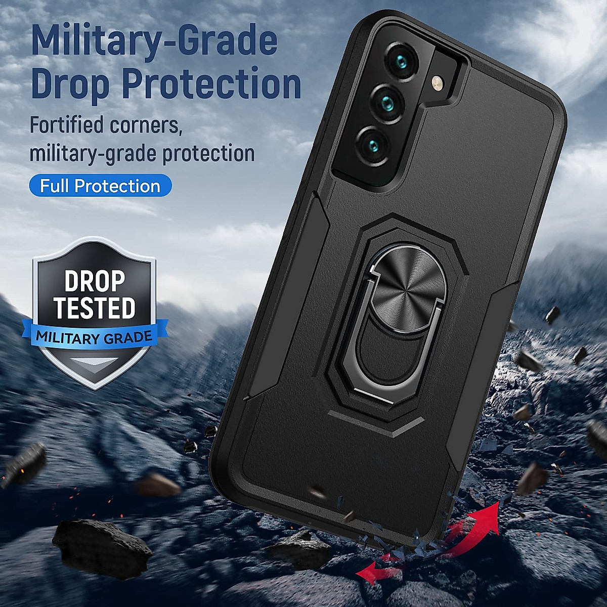 Janmitta Compatible with Samsung Galaxy S22 Case with Screen Protector[Not for S22+],Heavy Duty Shockproof Full Body Phone Cover,Built in Finger Ring Stable Kickstand,2022 Black Matte