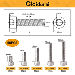 Cicidorai M5 x 8mm 12mm 16mm 20mm 25mm Socket Head Cap Screws Bolts, Stainless Steel 304, Metric Allen Hex Drive, Fully Threaded, Bright Finish, 50PCS