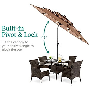 Best Choice Products 10ft 3-Tier Solar Patio Umbrella, Outdoor Market Sun Shade for Backyard, Deck, Poolside w/ 24 LED Lights, Tilt Adjustment, Easy Crank, 8 Ribs - Tan