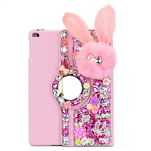 STENES Bling Case Compatible with Samsung Galaxy Tab A8 10.5 (2021) - Stylish - 3D Handmade Crystal Rabbit Pompon Bowknot Pendant 360 Degree Rotating Case with Smart Cover Auto Sleep/Wake - Pink