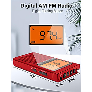 AM FM Portable Radio Personal Radio with Excellent Reception Battery Operated by 2 AAA Batteries with Stero Earphone, Large LCD Screen, Digtail Alarm Clock Radio(Red)