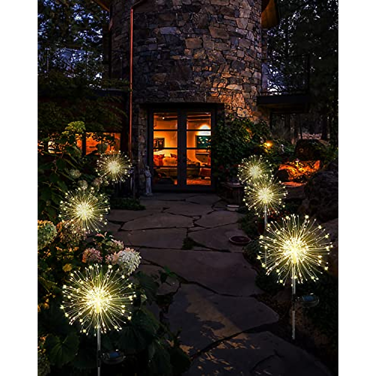 Redefun Solar Garden Lights 2 Pack 120 LED Solar Firefly Lights, 8 Lighting Modes Solar Powered Fireworks Lamp Outdoor Waterproof Decorative Starburst Lights for Yard Patio Decorations (Warm White)