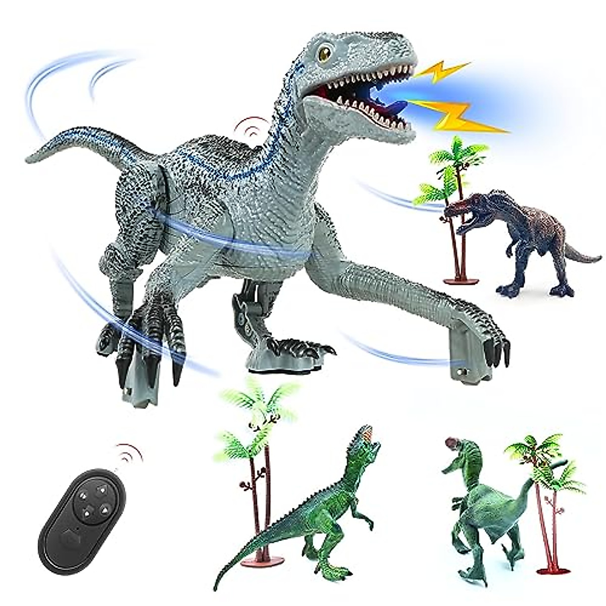 GAROERFA Remote Control Dinosaur Toys for Kids Boys 3 4 5 6 7,RC Walking Velociraptor，3D Eyes & Roaring Sounds, All in One:1 Big and 3 Small Dinosaurs