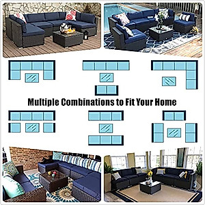 PHI VILLA 7-Piece Outdoor Rattan Sectional Sofa All Weather Patio Wicker Furniture Set Lawn Conversation Sets Cushioned Garden Sofa Set (Blue)