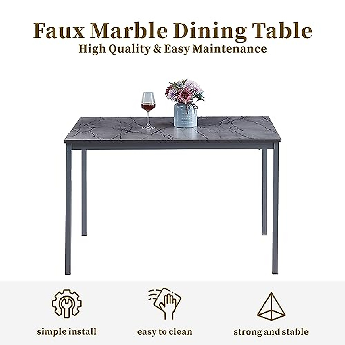 ROZHOME Rectangular Dining Table with MDF Board Top and Metal Legs for Home Office Kitchen Dining Room 47.2" * 27.5" * 29.5"(L x W x H) (Gray Marble Effect)