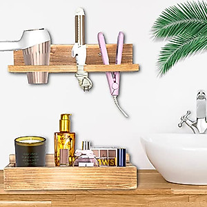 Hair Tool Organizer Wall Mounted - Wooden Hair Dryer Holder, Rustic Blow Dryer Holder for Curling Iron, Hot Tools, Hair Straighteners, Set of 2 Bathroom Vanity Tray for Makeup,Toiletries, Brown