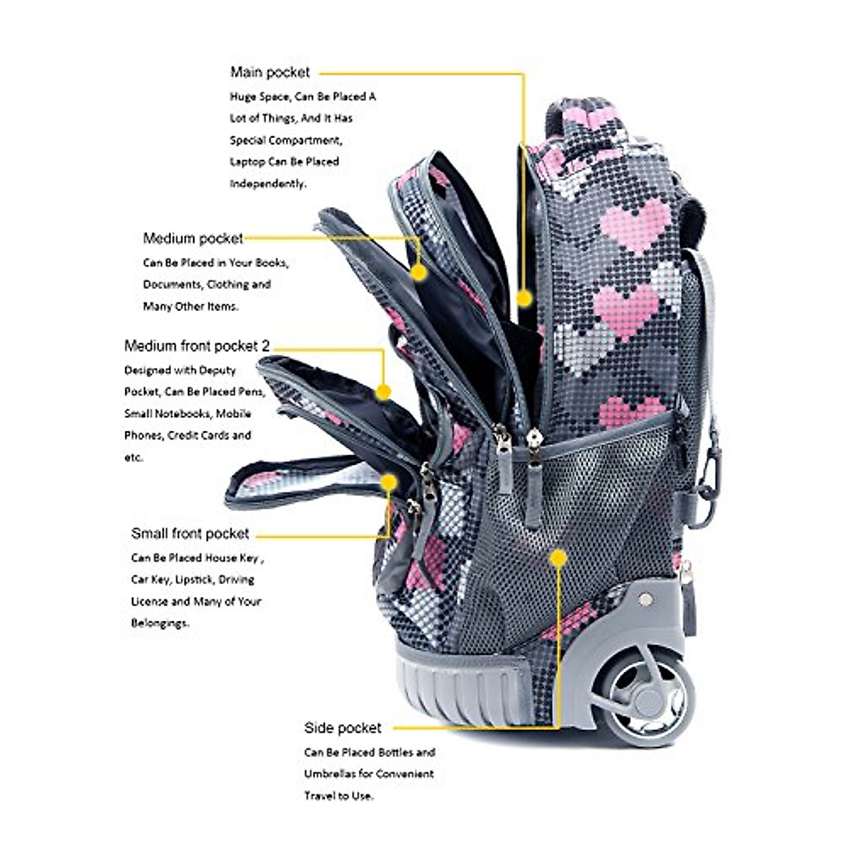 Tilami Kids Rolling Backpack 18 inch Boys and Girls Laptop Backpack, Falling Love