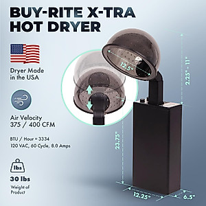 Buy-Rite X-TRA Hot Dryer Professional Hooded Standing Salon Dryer, 980 Watts, Made in The USA, Timer and 4-Setting Temperature Control, Adjustable Extra Large Hood, HL-1500